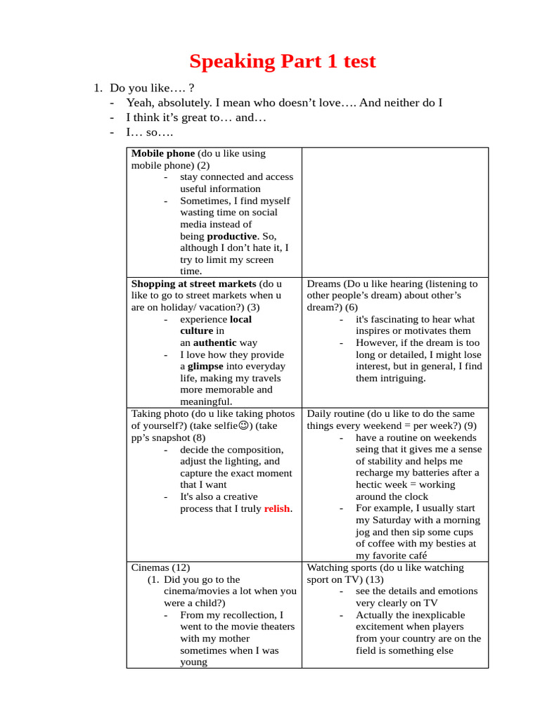 Speaking Part 1 Test | PDF | Movie Theater