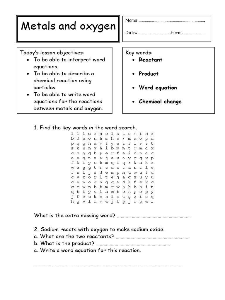 Metal and Oxygen Worksheet | PDF