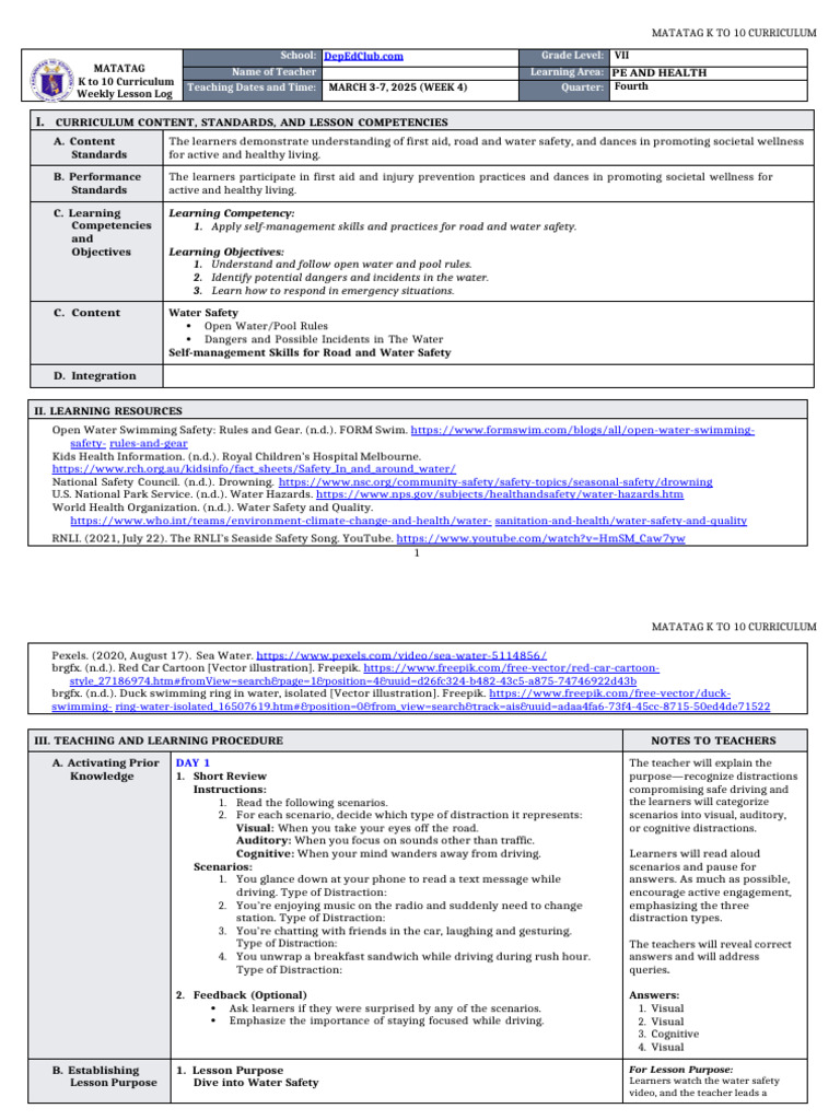 DLL Matatag - Pe&health 7 Q4 W4 | PDF | Swimming | Learning