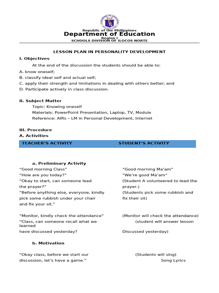 LESSON PLAN in Personal Development | PDF | Self Concept | Nature Versus Nurture