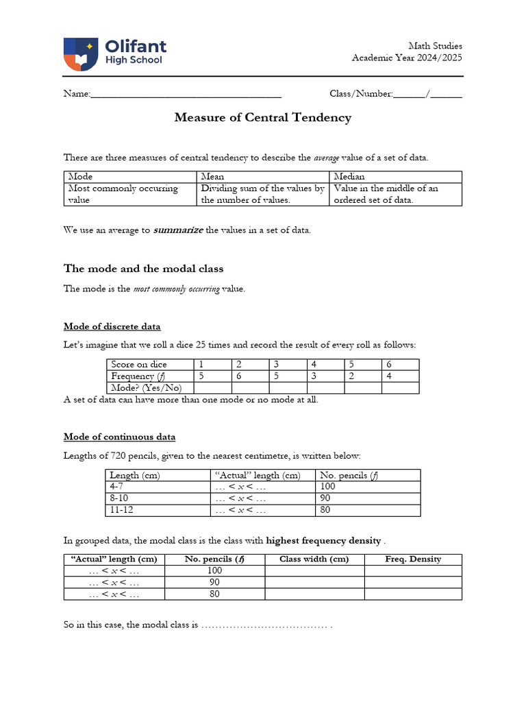 Measure of Central Tendency - Worksheet | PDF | Mode (Statistics) | Mean