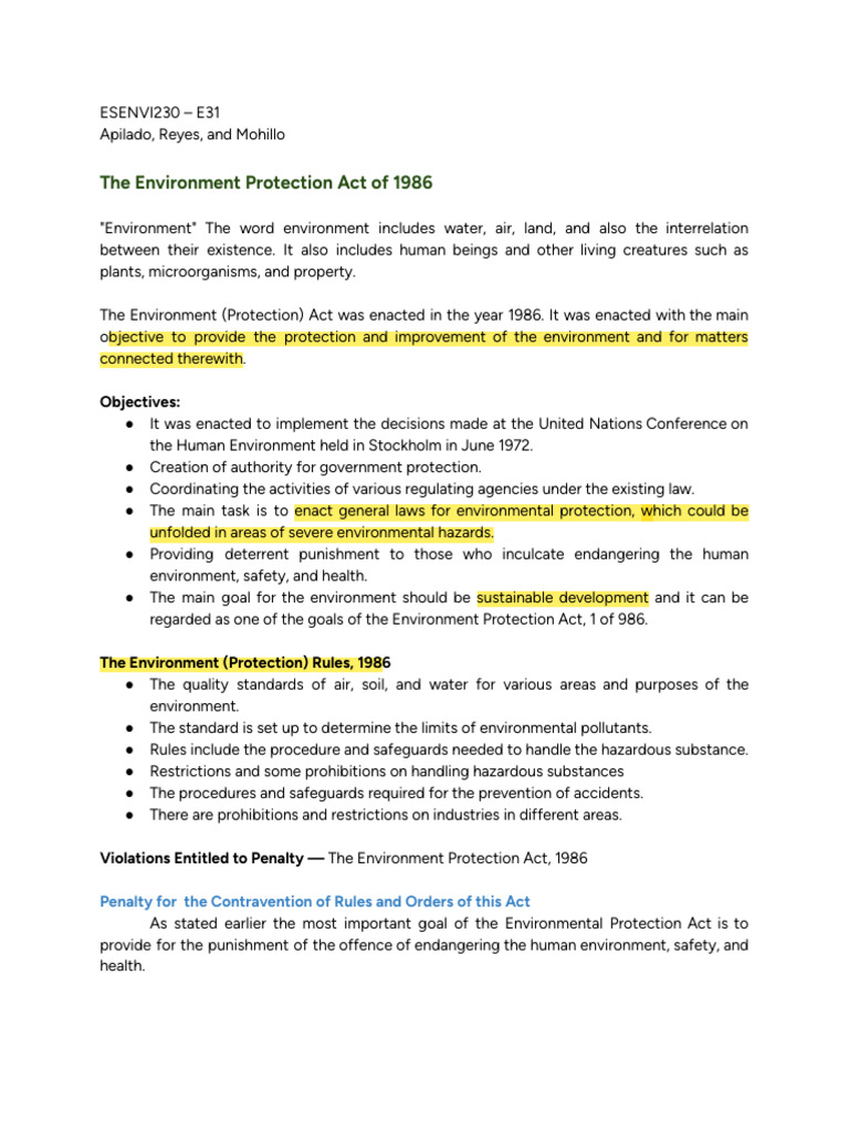 The Environment Protection Act of 1986 | PDF | Environmental Protection ...