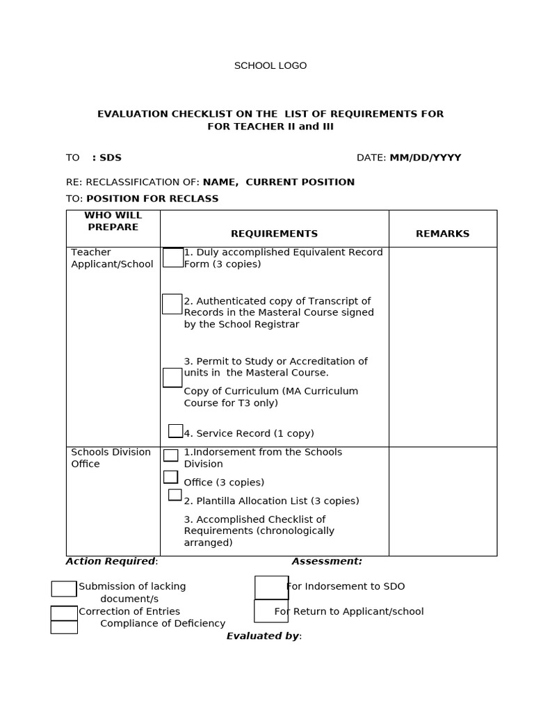 Checklist Erf Evaluation List of Requirements For Teacher Ii and Iii 1 | PDF