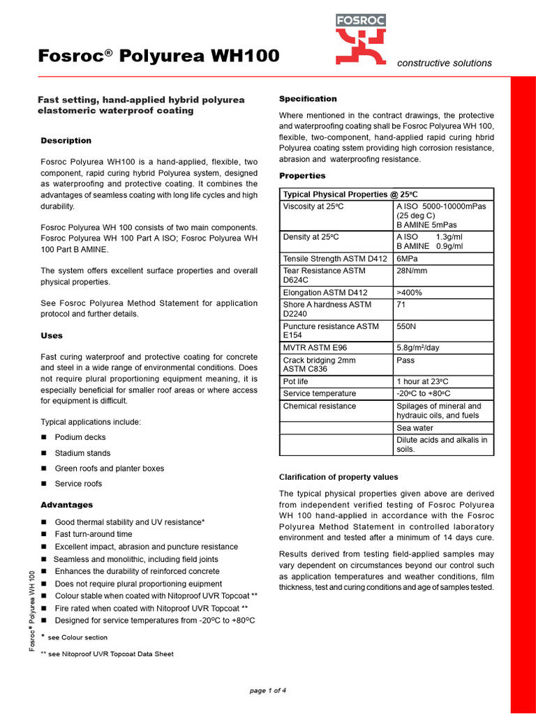 TDS Fosroc-Polyurea-WH100 India | PDF | Concrete | Coating