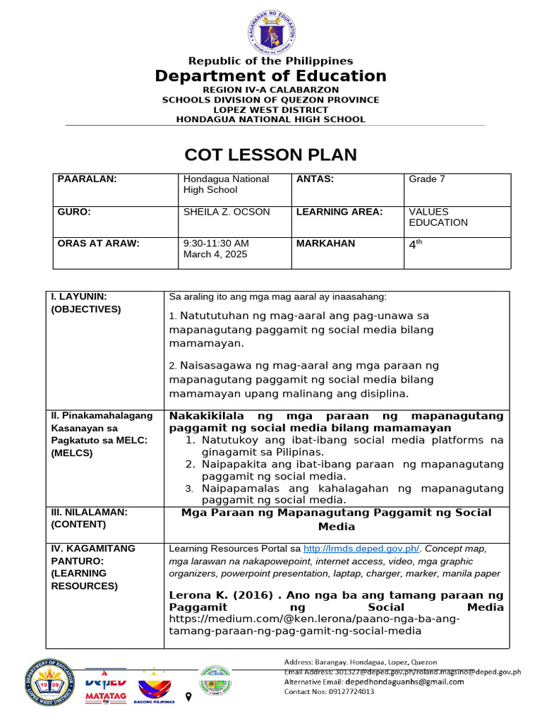 Cot Lesson Plan: Department of Education | PDF