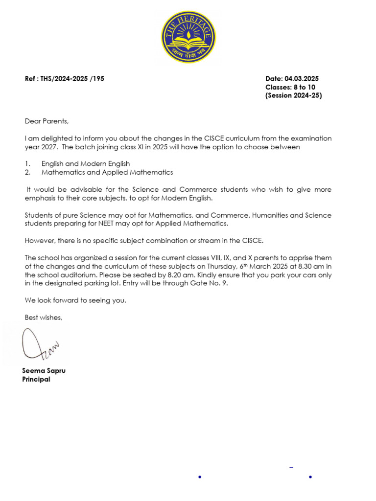 Circular To Parents of Classes 8 To 10 (CISCE) - CISCE Curriculum | PDF