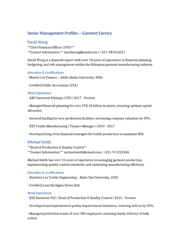 Senior Management Profiles Garment Factory | PDF | Procurement | Supply Chain