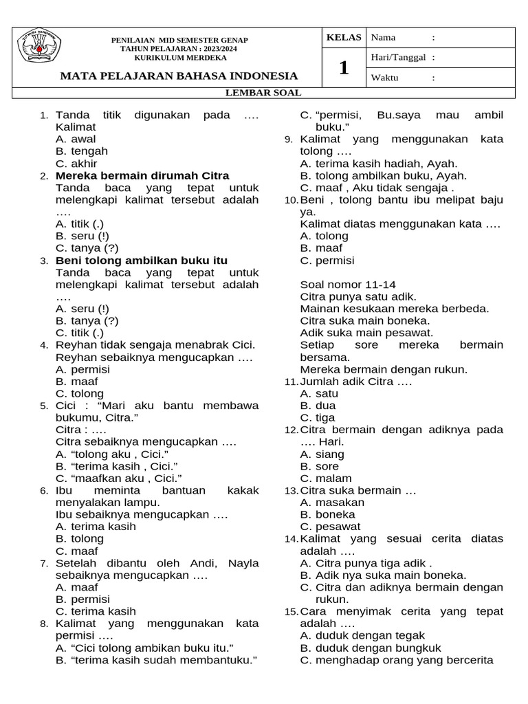Soal MID sem 2 B.Indo KELAS 1 | PDF