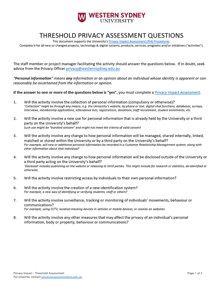 PIA_Assessment_Non-Digital_v2 | PDF | Surveillance | Privacy