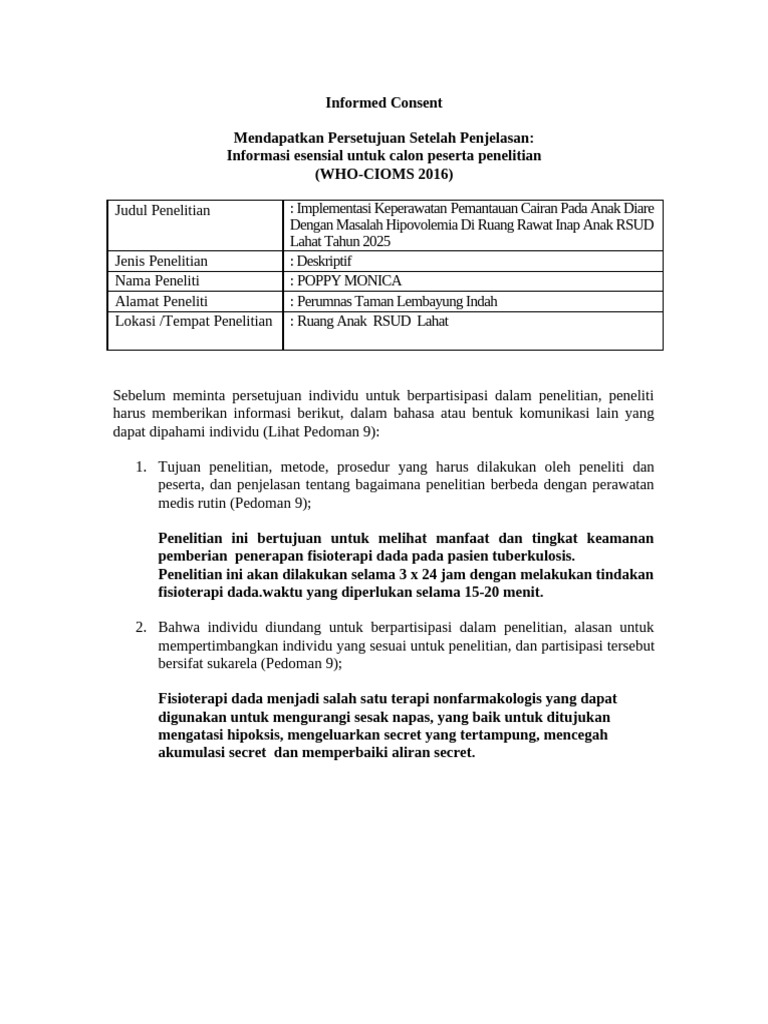 Surat Informed Consent Poppy Monica Revisi | PDF