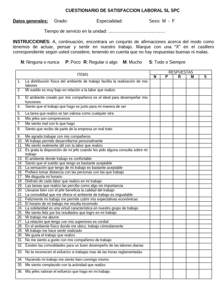 Cuestionario de Satisfacción Laboral | PDF