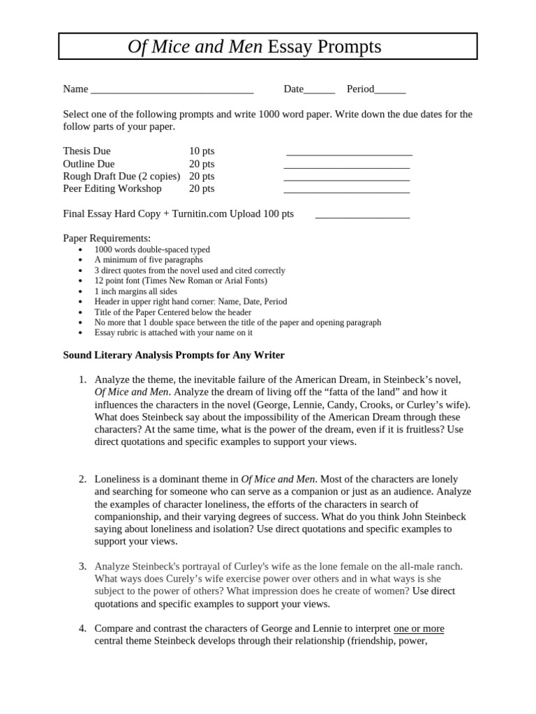 Mice and Men Essay Prompts | PDF | Essays | Linguistics