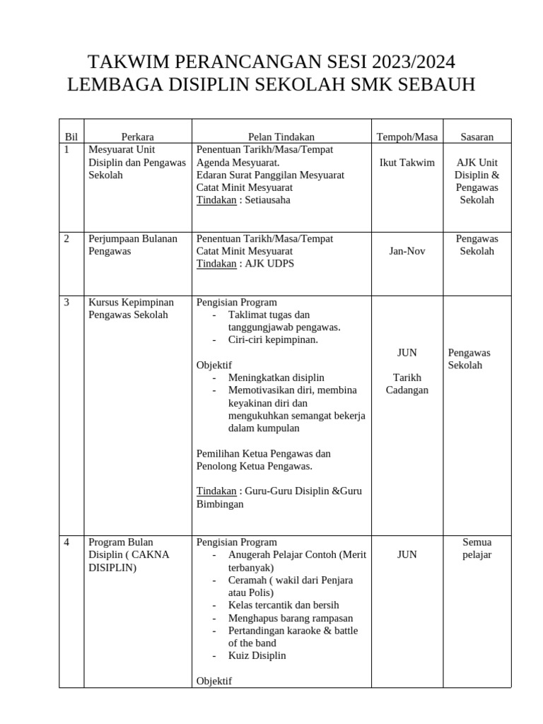 Takwim Disiplin SMK Sebauh 2023/2024 | PDF