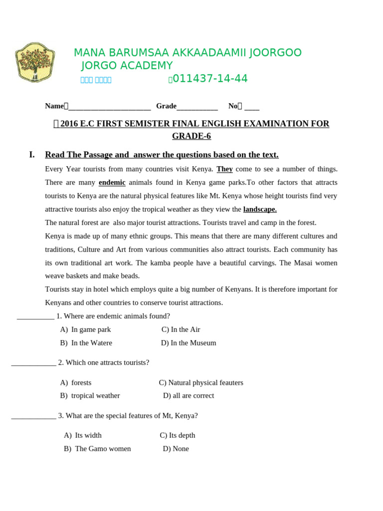 Grade 6 & 7 English Exam | PDF | Giraffe | Kenya