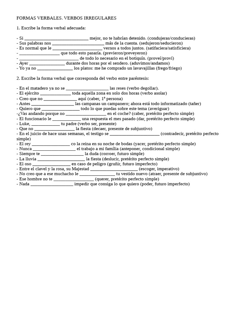 Ejercicios de verbos irregulares en español | PDF