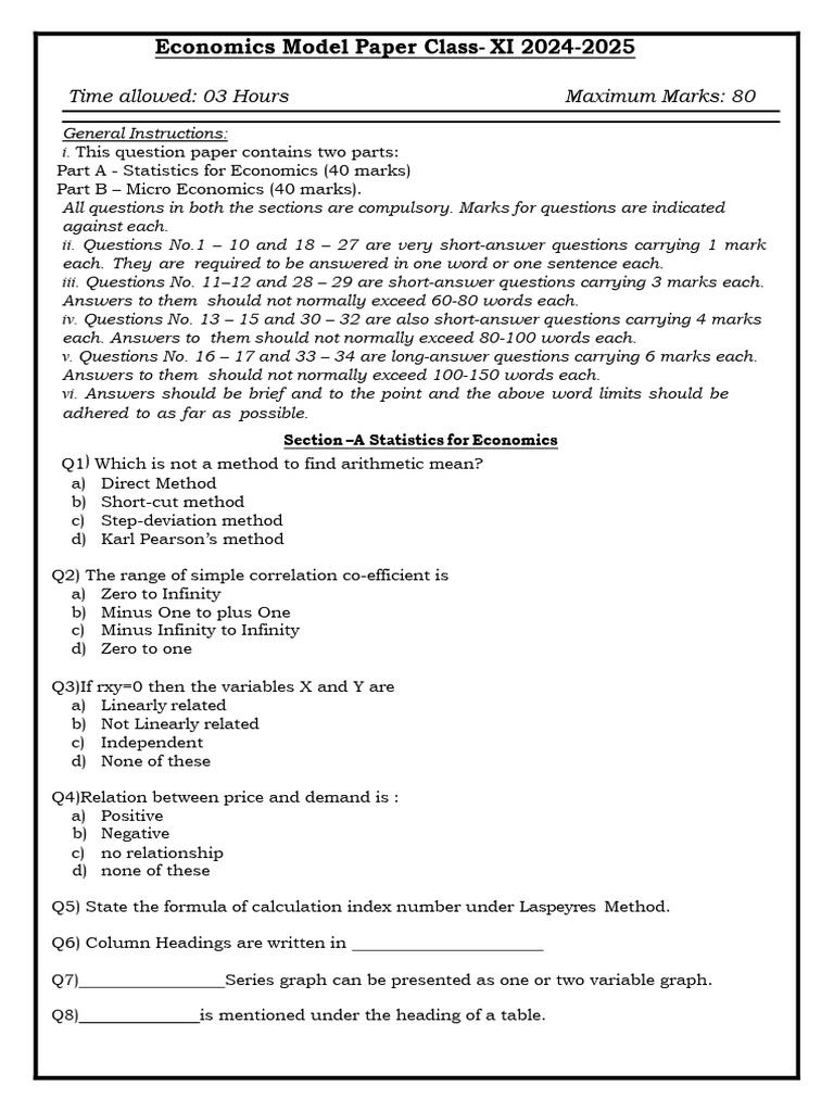Class 11 Economics Model Paper 2024-25 | PDF | Demand | Economic ...