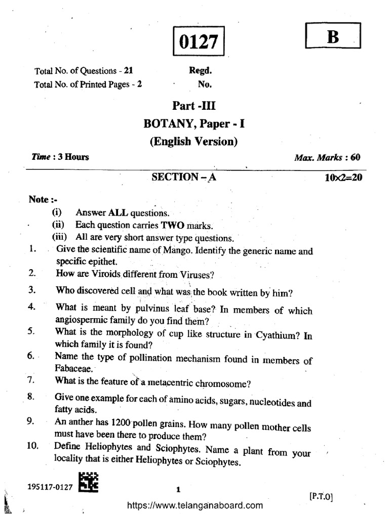 Tsbie Inter 1 Year Botany Paper 1 0127 Set B 2024 | PDF