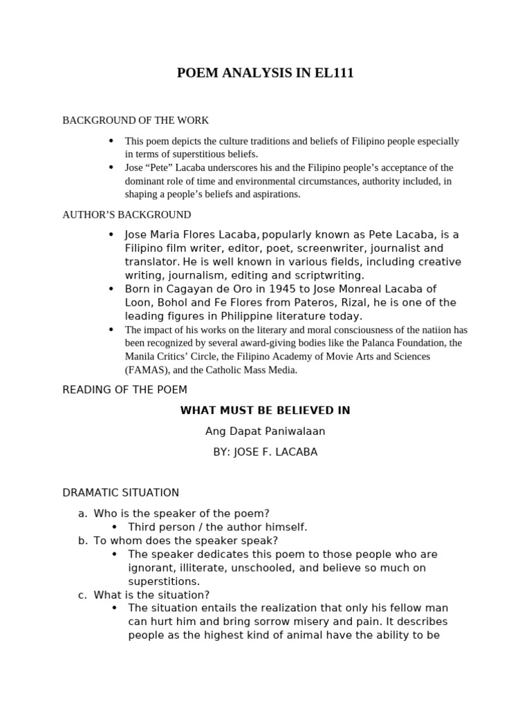 What Must Be Believed in Poem Analysis in El111 | PDF