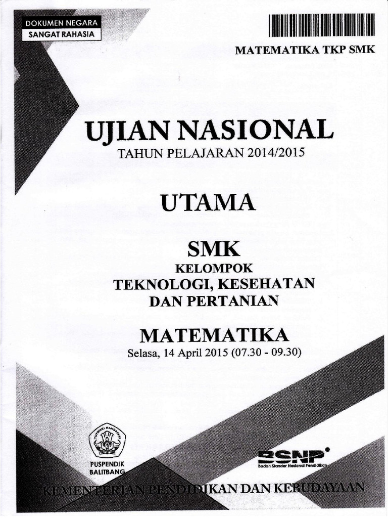Naskah Soal UN Matematika TKP SMK 2015 Paket 1 | PDF