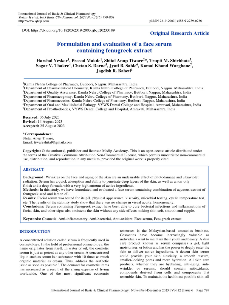 Fenugreek Extract Face Serum Study | PDF | Cosmetics | Ph
