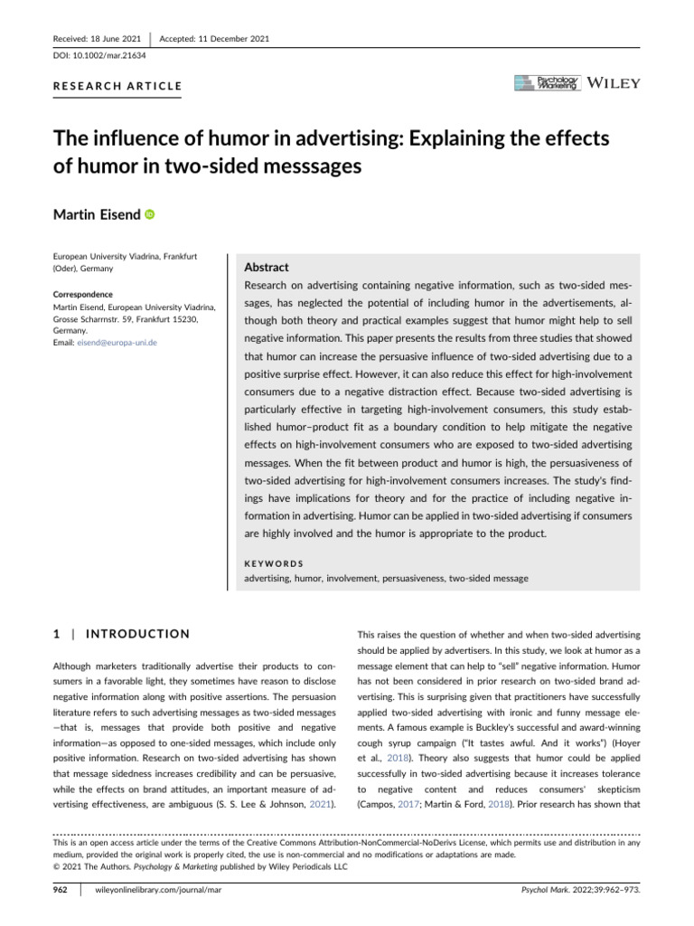 Humor's Role in Two-Sided Advertising | PDF | Affect (Psychology ...