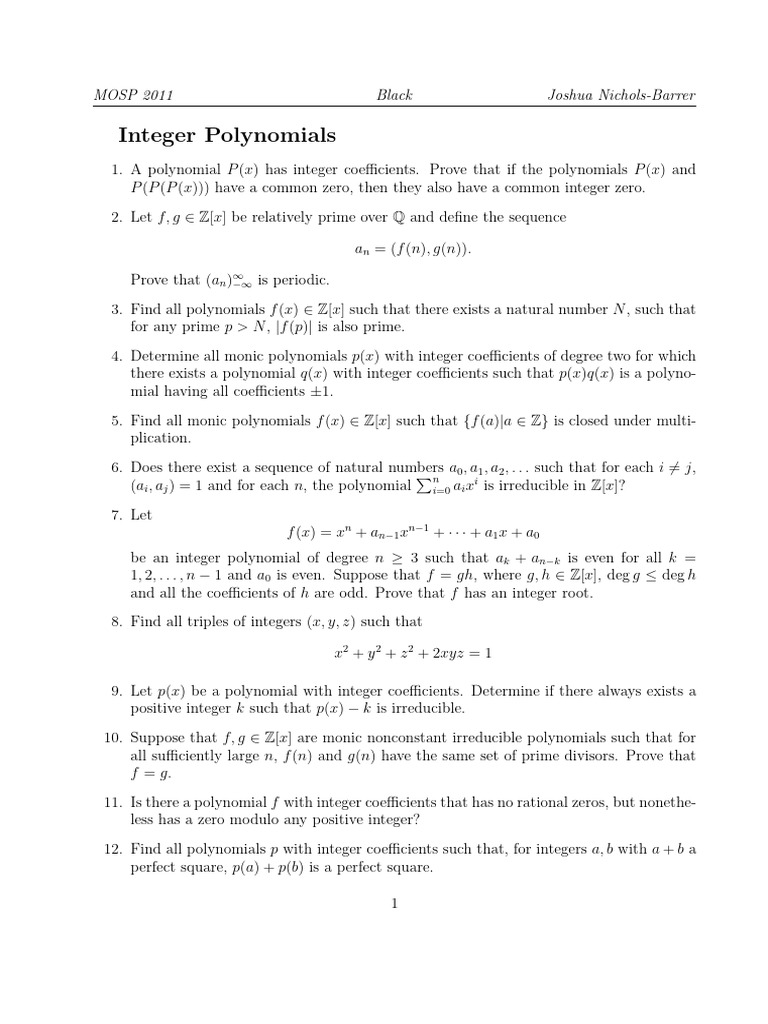 Integer Polynomials - Joshua Nichols-Barrer - MOP (Black) 2011 | PDF | Computational Science ...