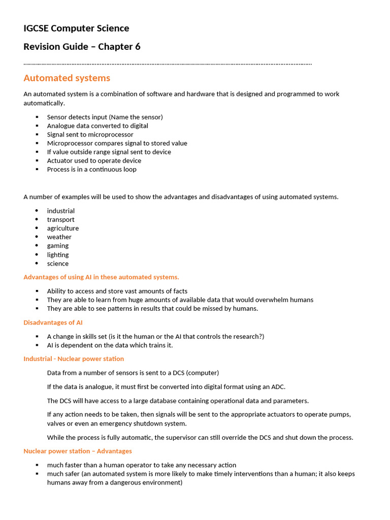 Automated Systems in IGCSE CS | PDF | Artificial Intelligence | Intelligence (AI) & Semantics