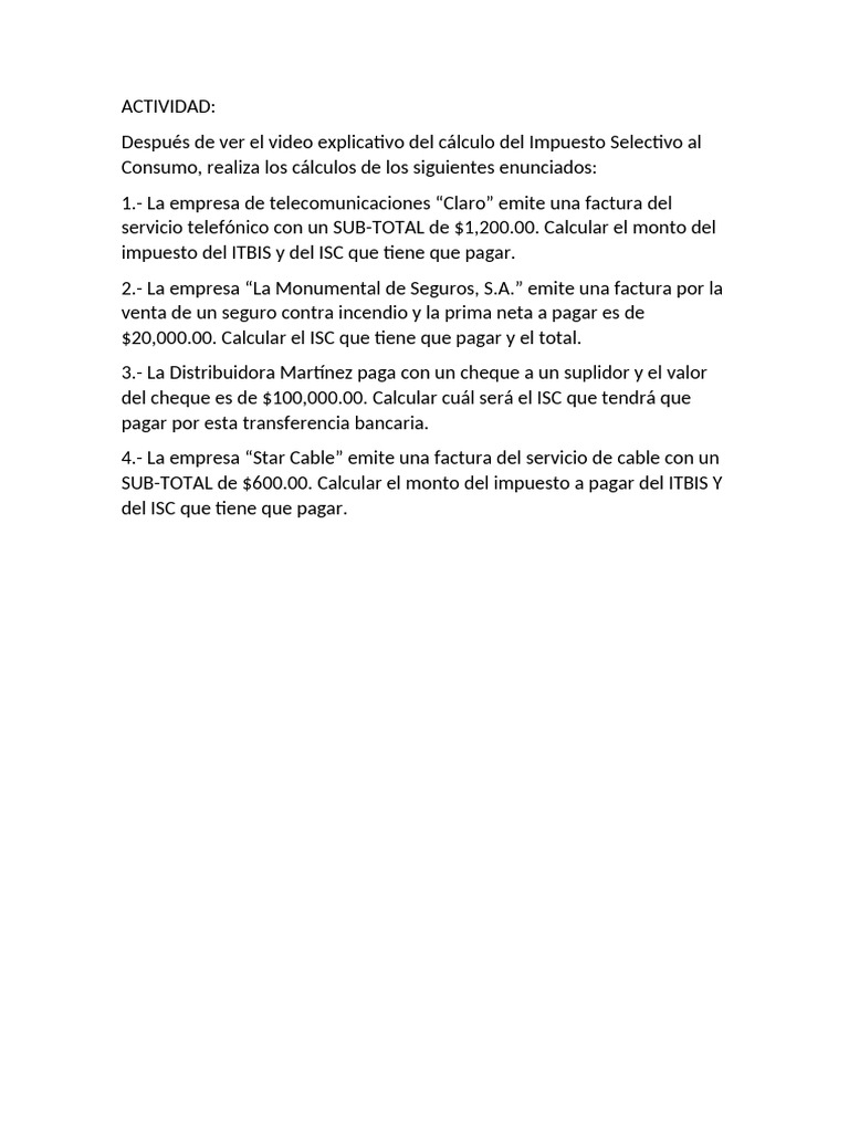 Actividad Sobre El Cálculo Del Isc | PDF