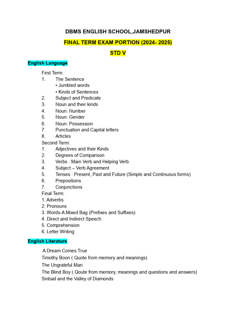 STD V FinalTerm Portion (2024-25) | PDF | Verb | English Language