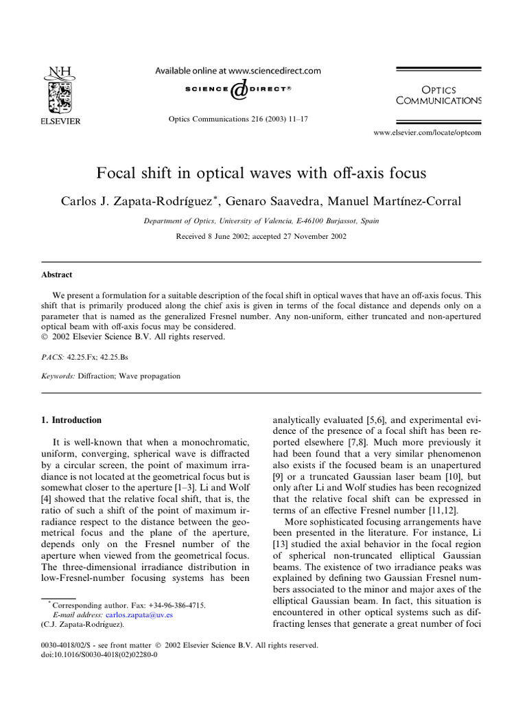 Focal shift in optical waves with off-axis focus | PDF | Optics ...