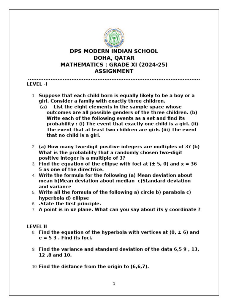 Grade XI Mathematics Assignment 2024-25 | PDF | Ellipse | Euclidean ...