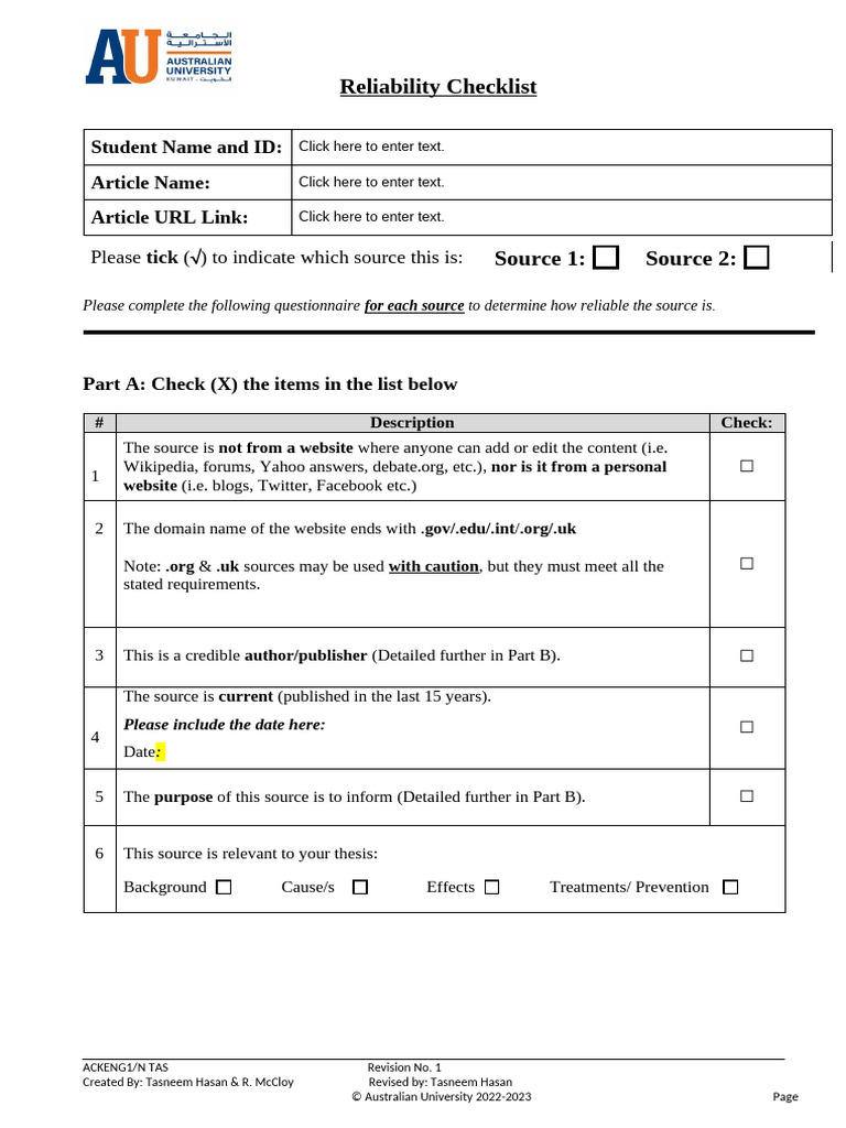 Evaluating Source Reliability Checklist | PDF | Internet | Websites