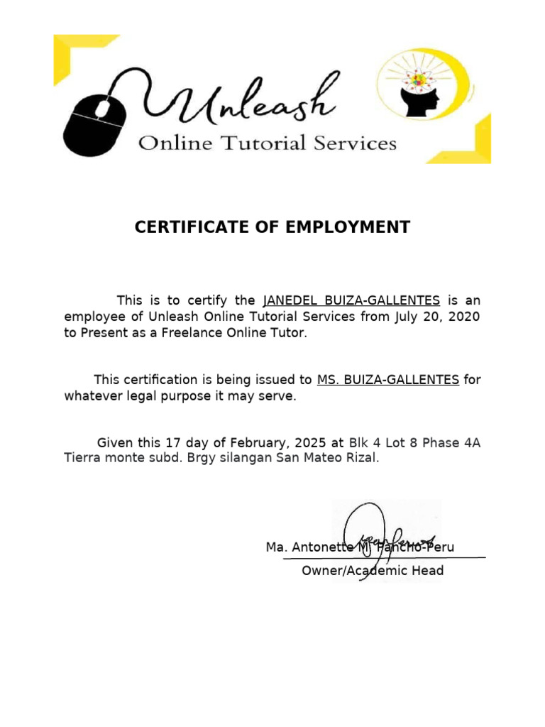 Employment Certificate for Freelance Tutor | PDF