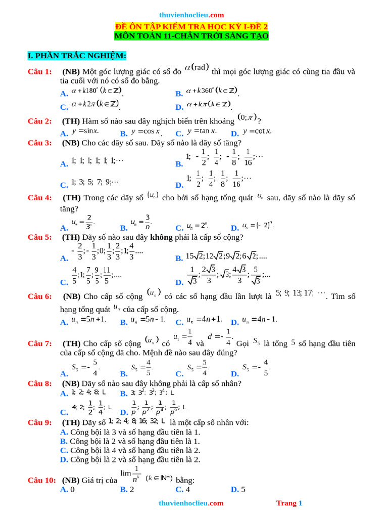 De On Thi HK1 Toan 11 CTST de 2 | PDF