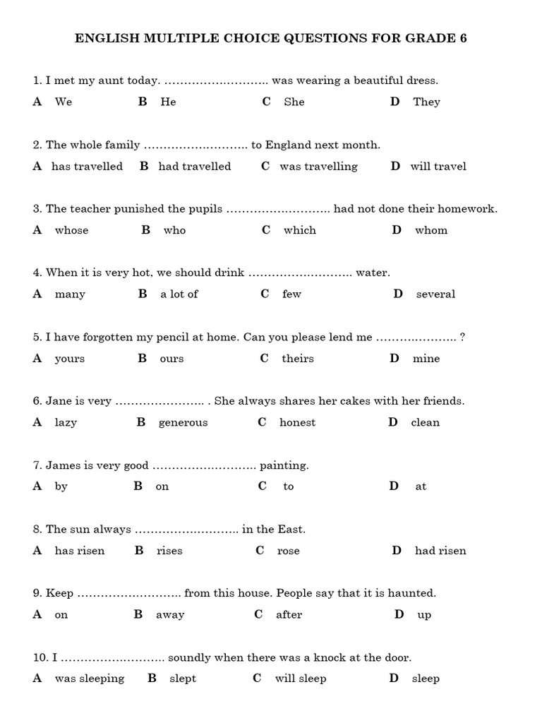 English Multiple Choice Questions - Grade 6 - Part 1a | PDF