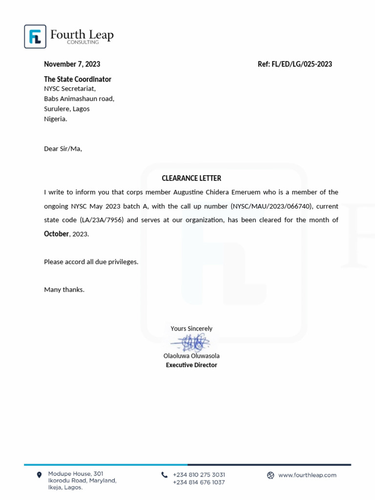 NYSC Clearance Letter - Augustine June | PDF