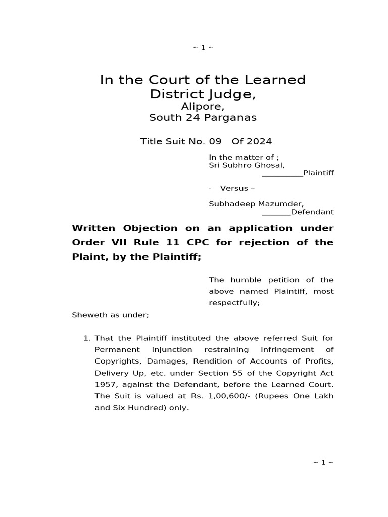 Written Objection On An Application Under Order VII Rule 11 CPC For Rejection of Plaint - Subhro ...