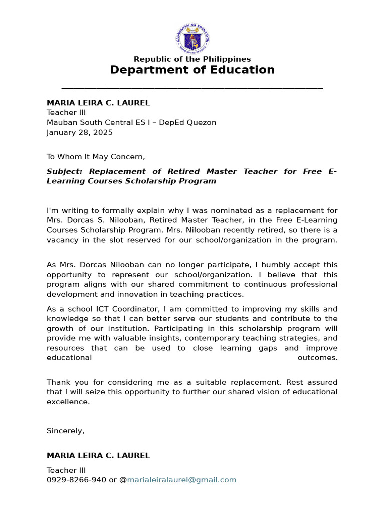 Replacement Letter For Ecourse Scholarship | PDF