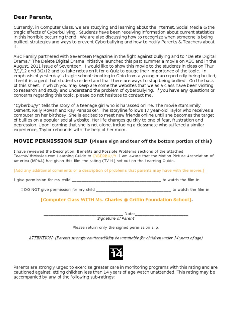 Movie Permission Slip | PDF | Cyberbullying | Communication
