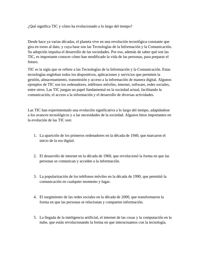 Qué Significa TIC y Cómo Ha Evolucionado A Lo Largo Del Tiempo | PDF