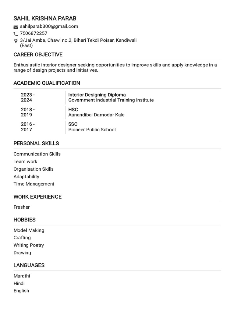Interior Designer Resume: Sahil Parab | PDF