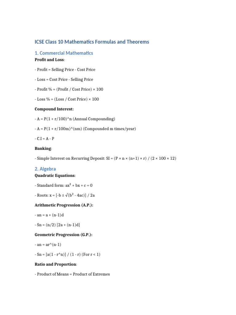 Icse Class10 Math Formulas Theorems | PDF | Abstract Algebra | Mathematical Concepts