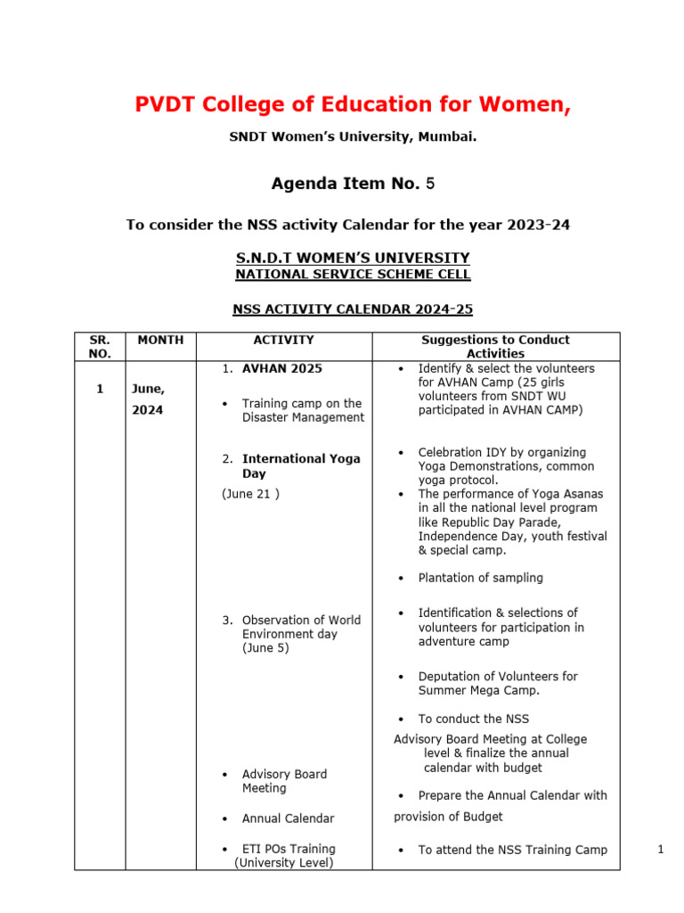 NSS Annual Activity Calendar 2024 2025 | PDF