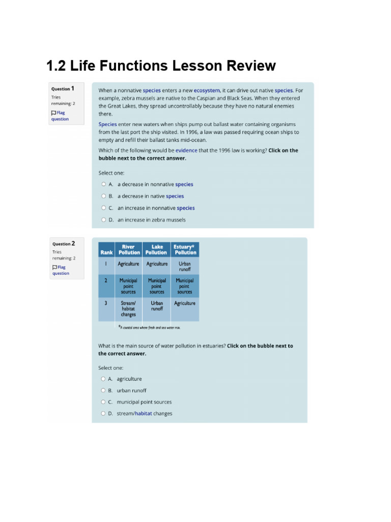 1.2 Life Functions Lesson Review | PDF