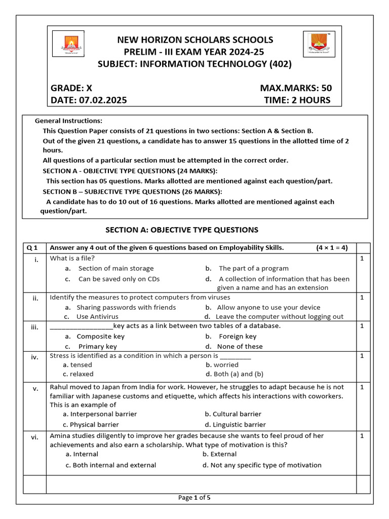IT Exam Question Paper 2024-25 | PDF