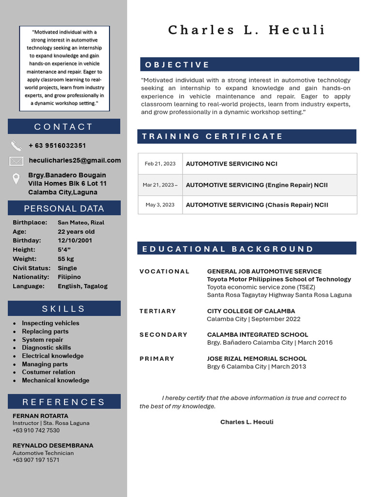 Automotive Internship Resume | PDF | Auto Mechanic | Vehicles