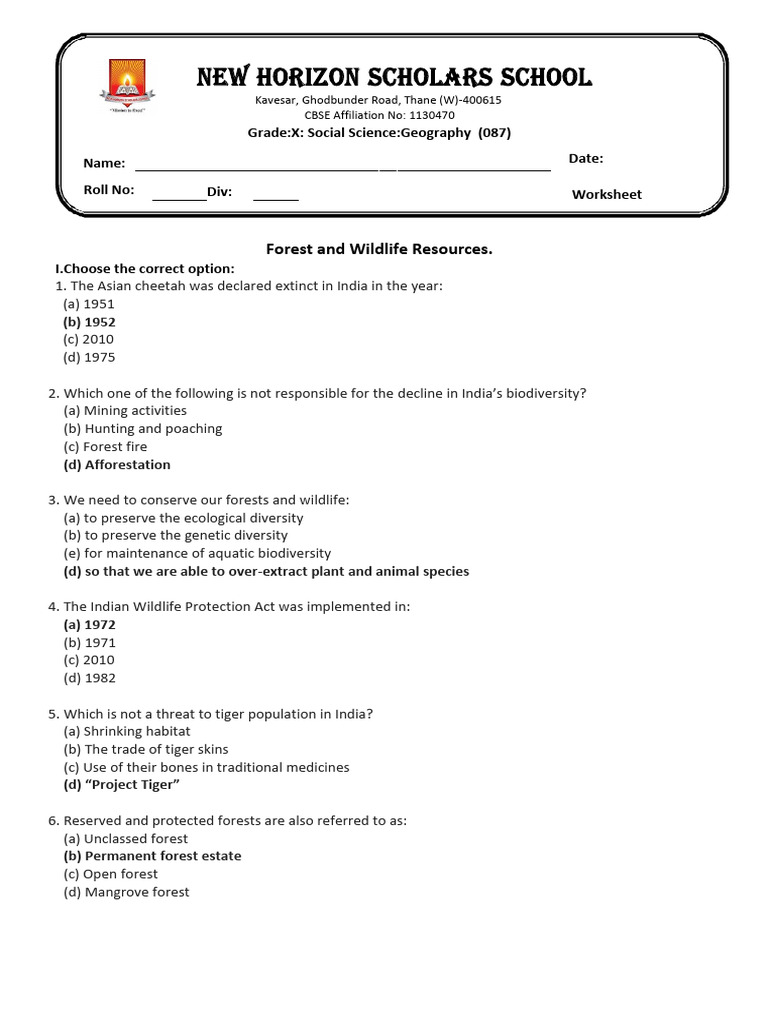 Grade X Chap 2 Geog Worksheet | PDF | Conservation Biology | Biodiversity
