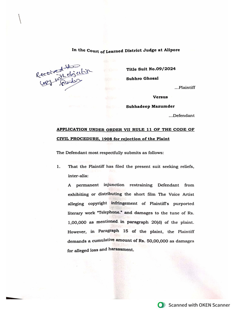 Application Under Order - VII Rule 11 CPC - TS 09 of 2024 | PDF