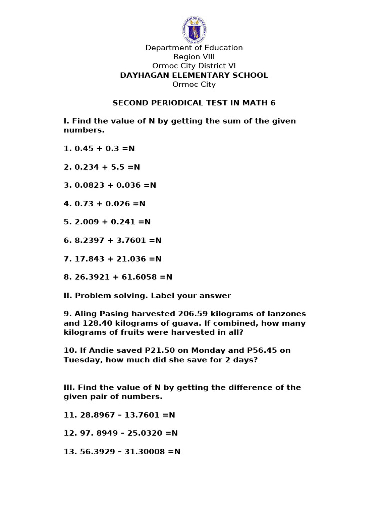 Math 6 Second Period Test | PDF | Mathematics