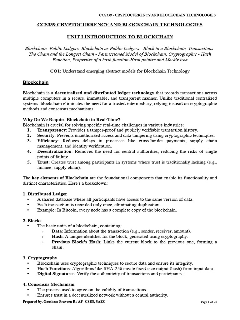 Unit I Introduction To Blockchain | PDF | Cryptocurrency | Bitcoin